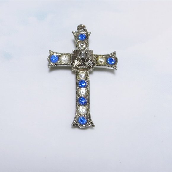 Jewelry | Majestic Vintage Ornate Silver Plated Blue Rhinestone Cross ...